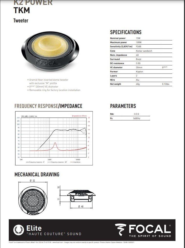 FOCAL TKMX 20W RMS K2 POWER 4 OHM 1" ARAMID FIBER INVERTED DOME ...