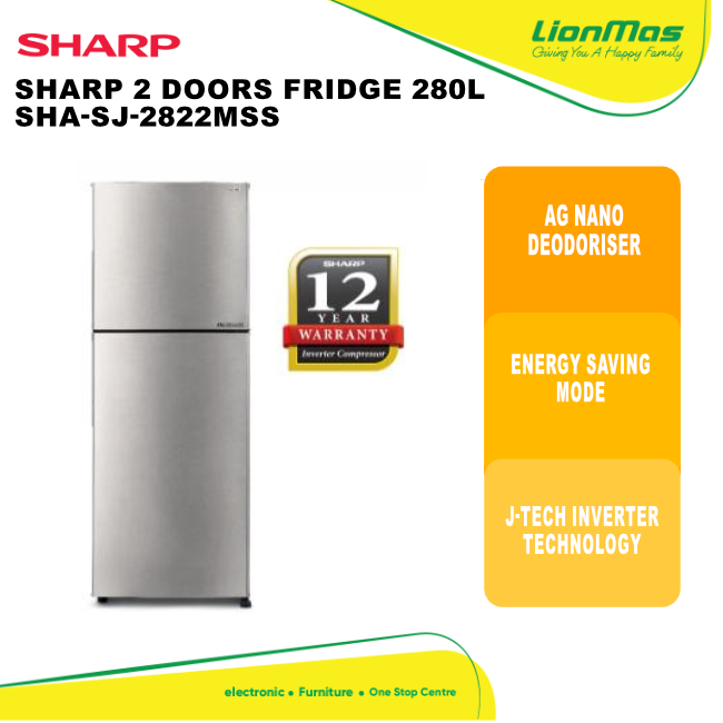 SHARP 2 DOORS FRIDGE 280L, INVERTER, BLACK SHA-SJ-2822MSS | Lazada