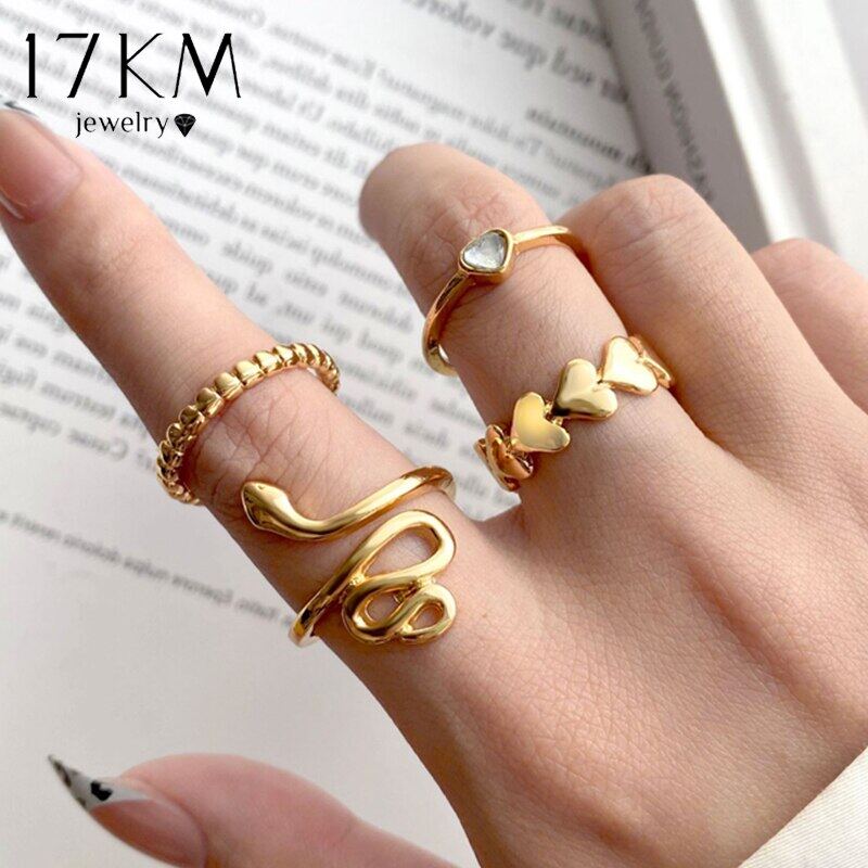 17KM Heart Snake Rings Vintage Gold Color Romantic Rings for Women Cute ...