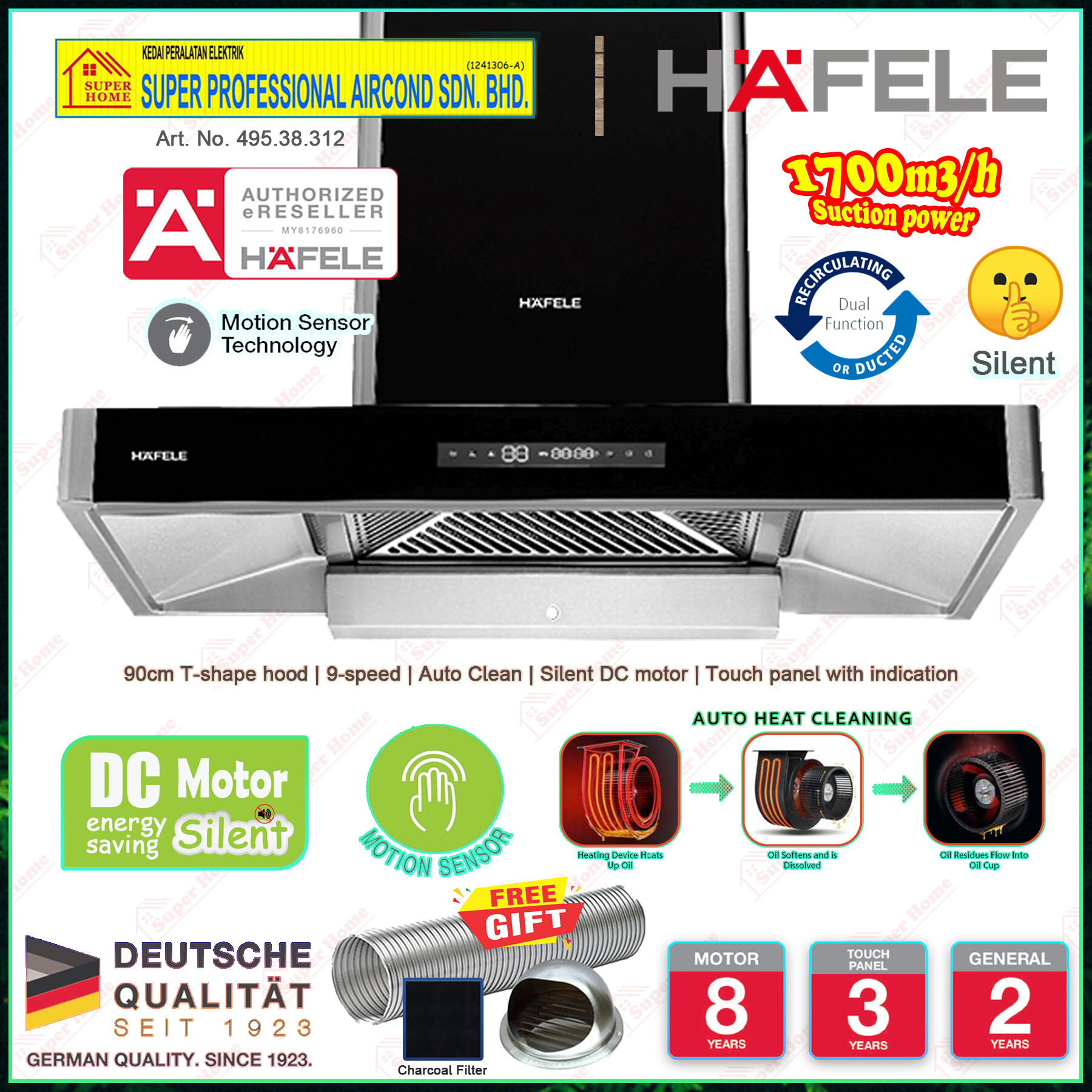 Hafele Kitchen Hood 495.38.312 90cm Silent DC Motor T-Shape Cooker Hood ...