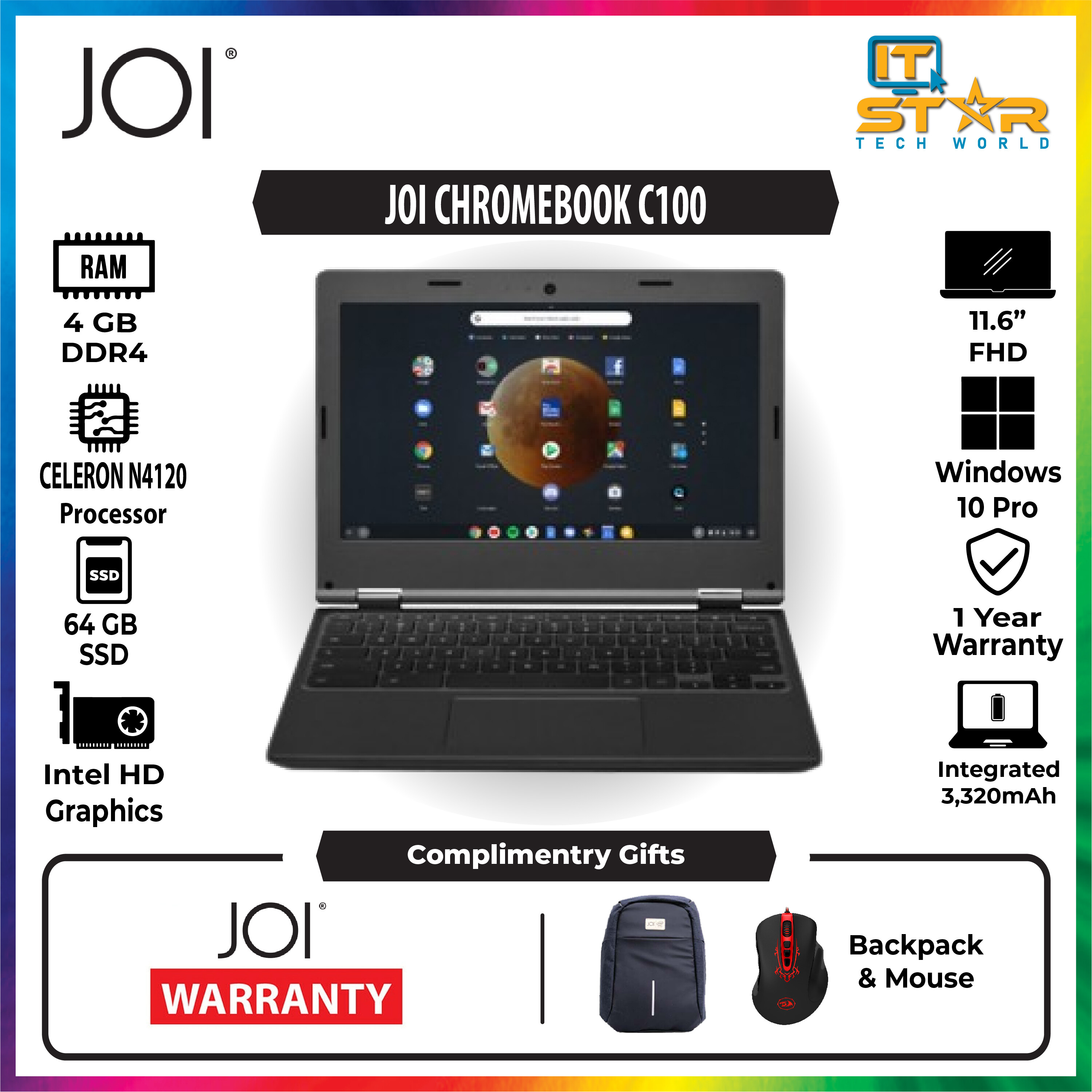 JOI CHROMEBOOK C100 | CELERON N4120 | 4GB RAM | 64GB SSD | Intel ...