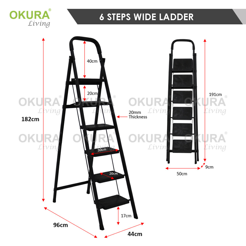 OKURA Folding Steel Pipe 3 / 4 / 5 / 6 Wide Step Ladder Foldable Household Indoor Platform Stair ...