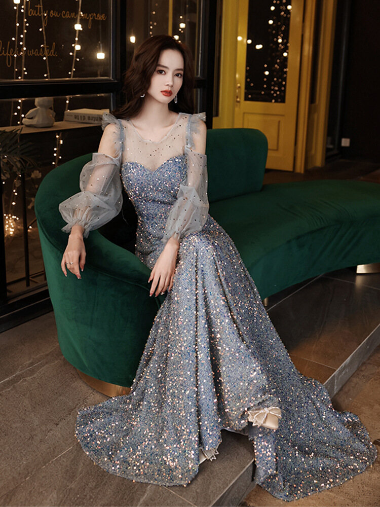 Glary Star เลื่อมชุดราตรีผู้หญิงแขนยาวจัดเลี้ยงโฮสต์ยาวคนดัง Super ...