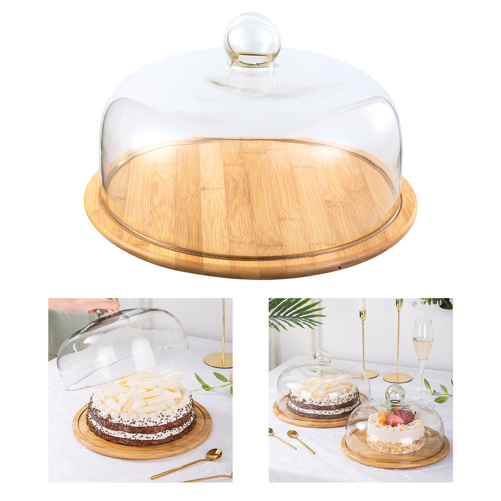 Delicacy Kitchen Glass Cover Serving Tray Dome Wooden Cake Stand Bread ...