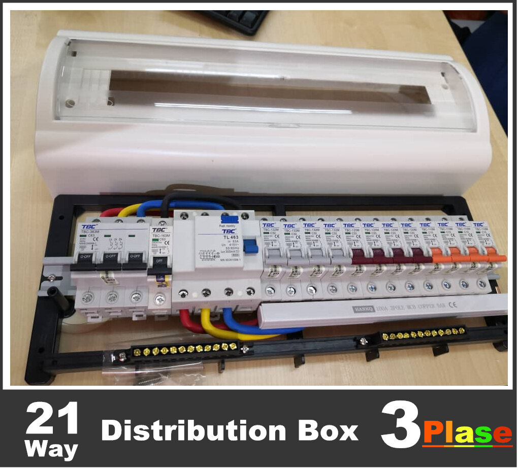 21 WAY (3 PHASE) Distribution Box DB Full Set 4P/63a RCCB 0.3ma C/W ...