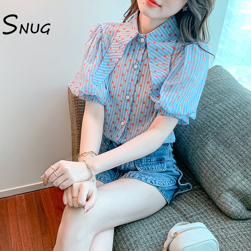 SNUG 2022ฤดูร้อนใหม่ลายจุดการออกแบบที่บางและหลากหลายพัฟแขนเสื้อคอปก ...