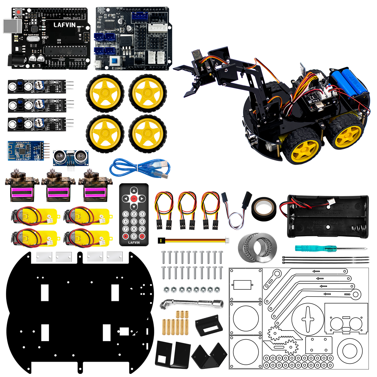LAFVIN Mechanical 4WD Robot Arm Car Kit for Arduino Smart Robot Car Set ...