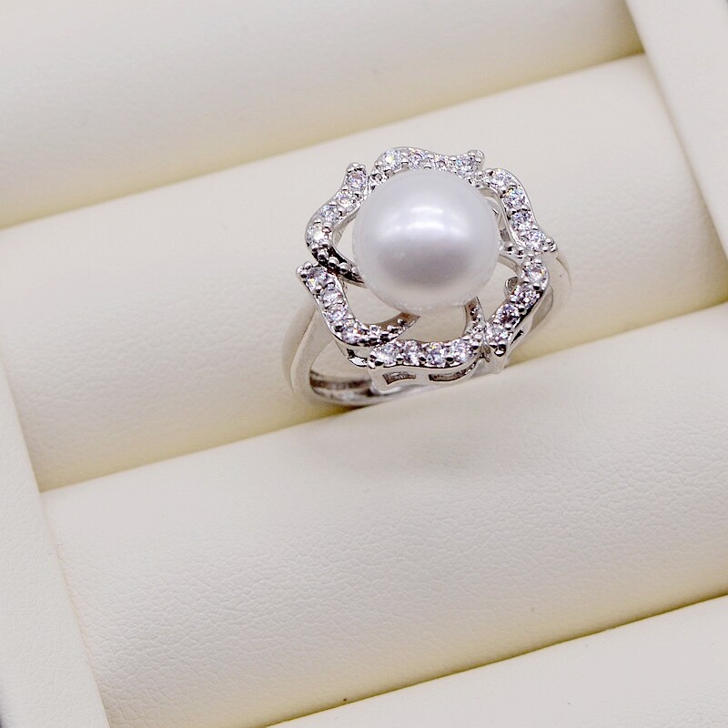 Flower Rings Round Natural Freshwater Pearl Silver Rings Zirconia ...