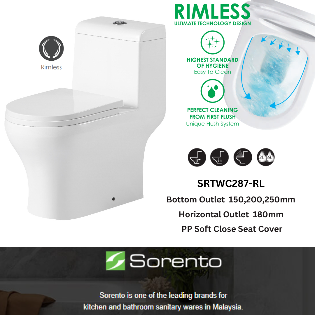 SRTWC287-RL SORENTO RIMLESS ONE PIECE WATER CLOSET S-TRAP 150,200,250MM ...