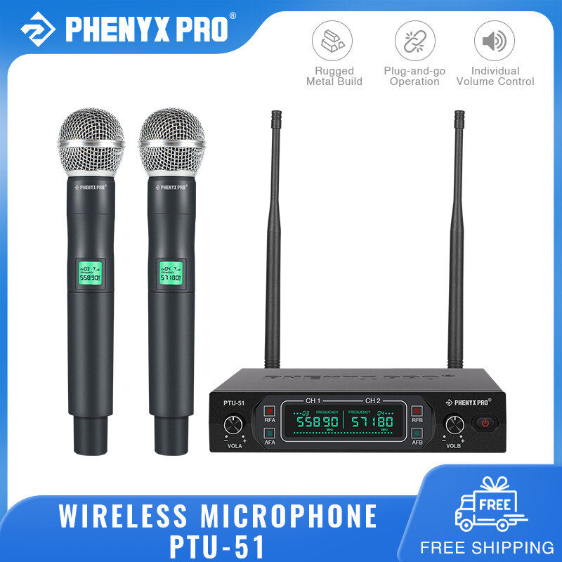 Phenyx Pro PTU-51 Wireless Microphone Dual System Fixed UHF Frequencies Karaoke Mic Handheld 80M ...