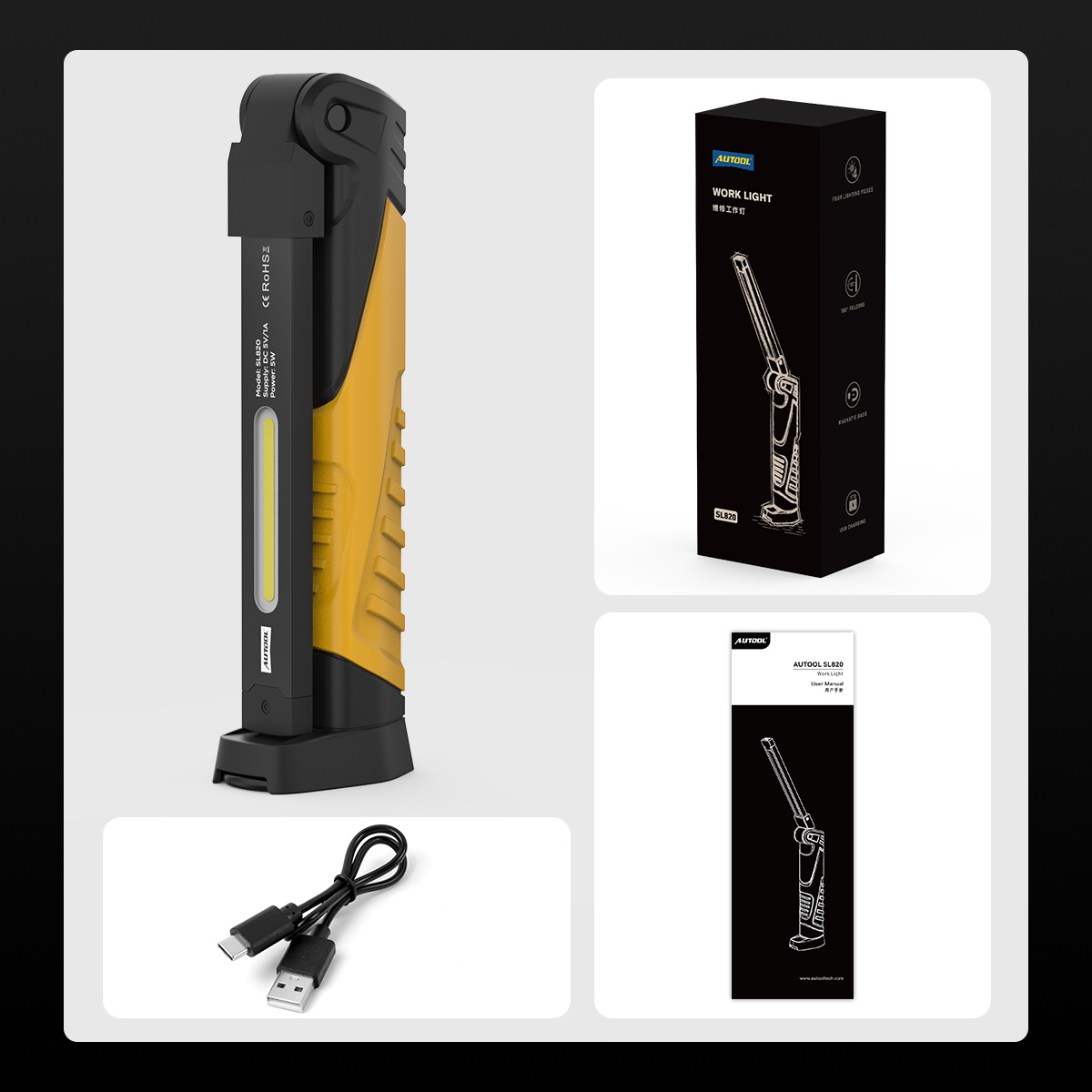 AUTOOL SL820 Magnatic Base Rechargeable Work Light Foldable Flashlight ...