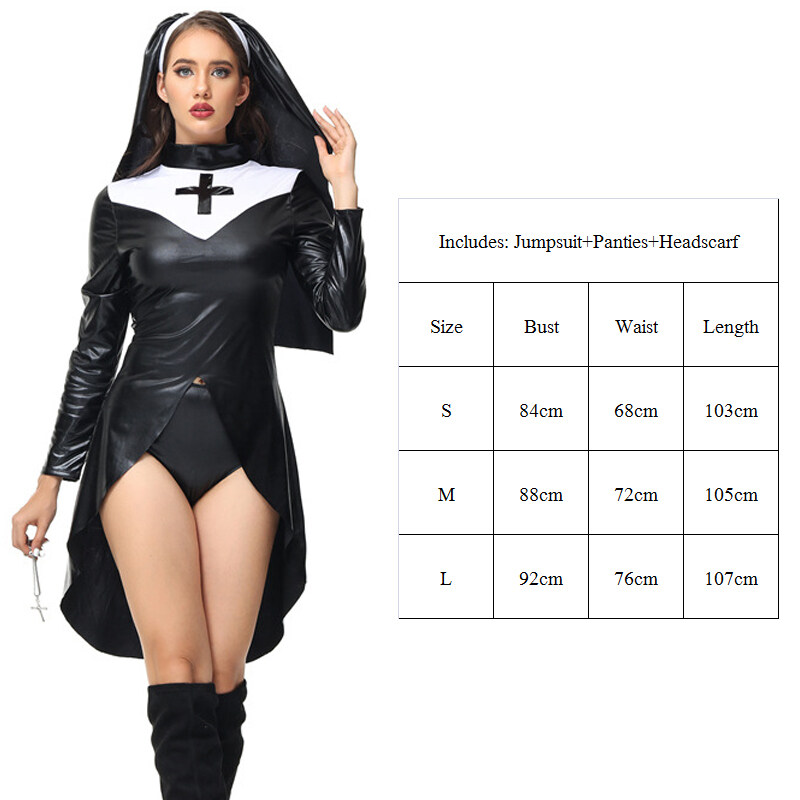 Women Nun Costume Halloween Cross Nun Sister Cosplay Dress Nurse