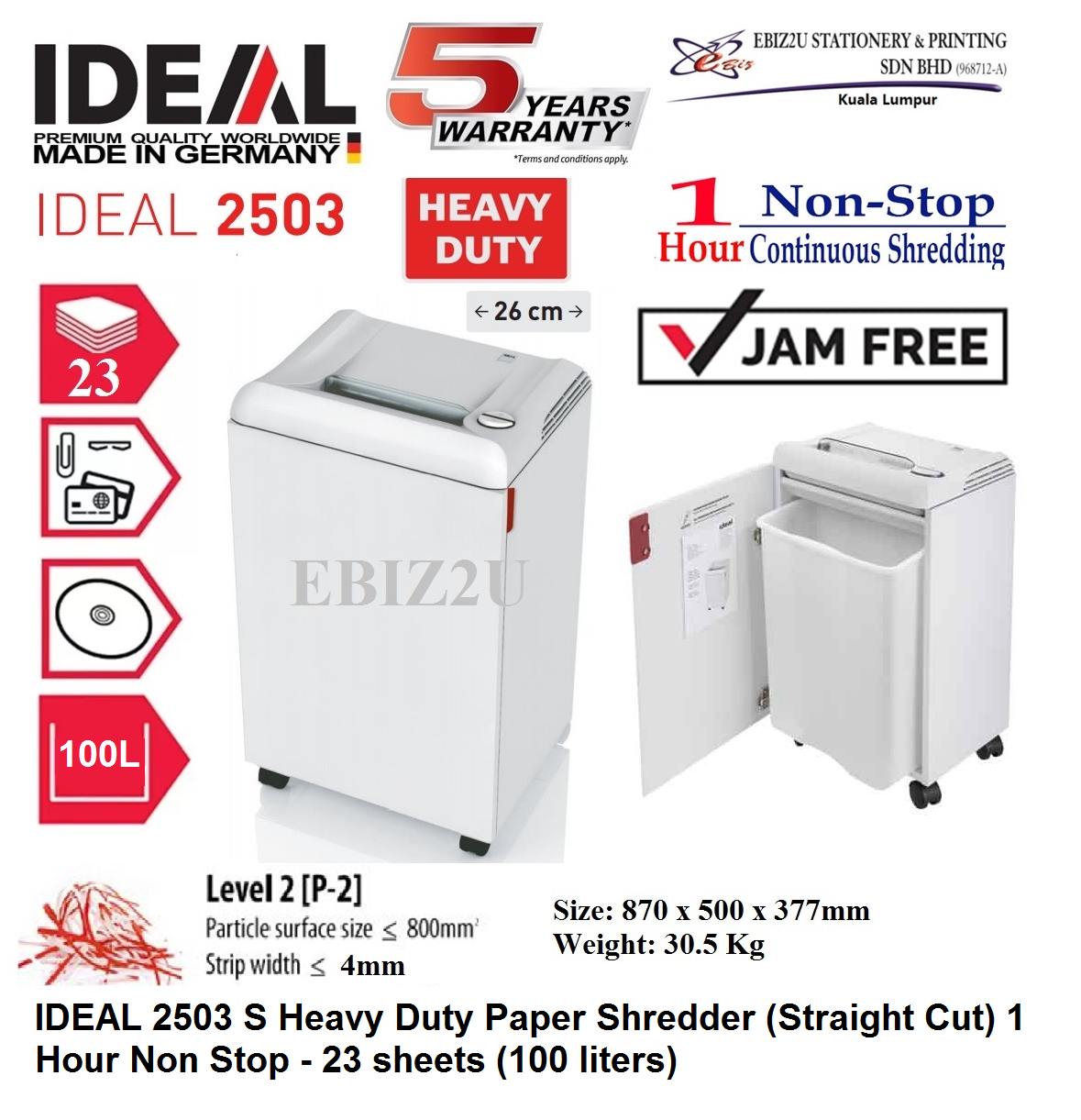 IDEAL 2503 S Heavy Duty Paper Shredder (Straight Cut) 1 Hour Non Stop - 23 sheets (100 liters ...