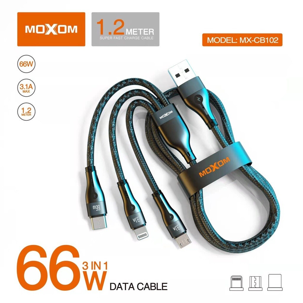 MOXOM MX-CB102 66W 3.1A 3 in 1 Micro Lightning Type C Braided Fast ...