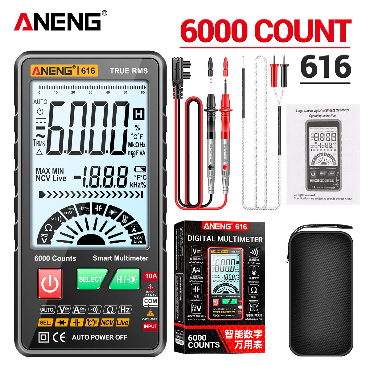 ANENG 616 Smart Digital Multimeter Auto Range 6,000 Counts NCV ...