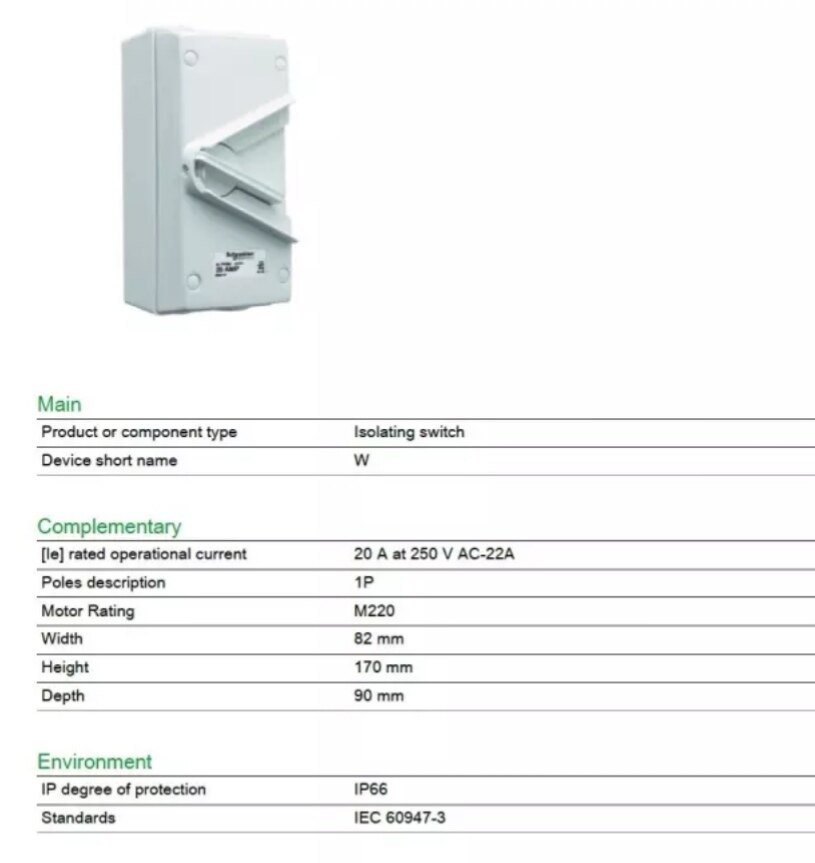Schneider Kavacha 20A 35A 63A 3 pole Isolator Switch / Weatherproof Surface Switch IP66 440V AC ...