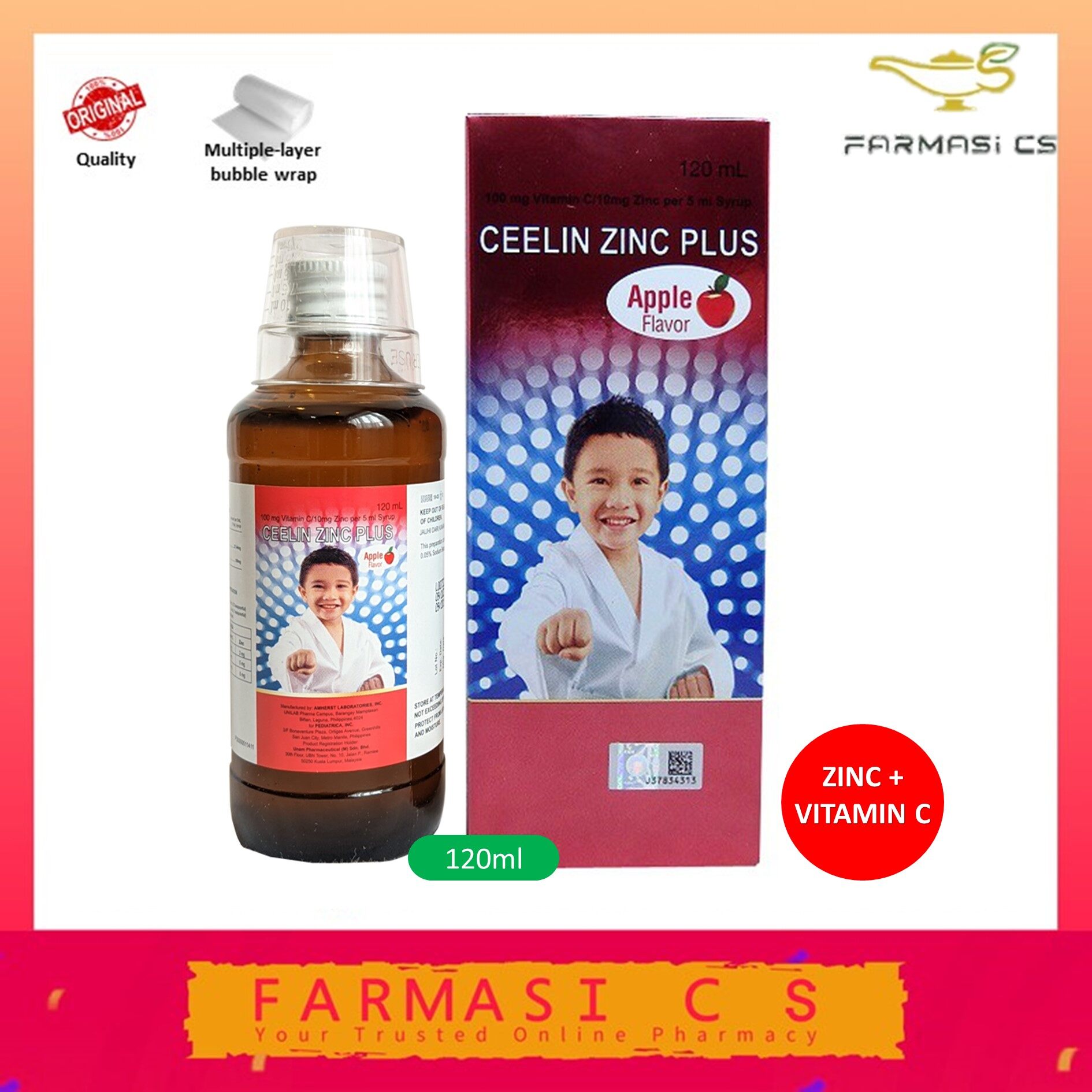 Ceelin Zinc Plus Apple Flavor Syrup 120ml EXP:03/2025 [ Vitamin C, Zinc ...