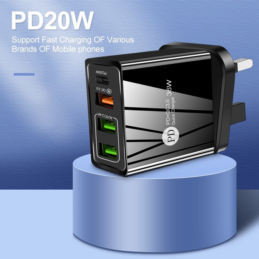 ที่ชาร์จเร็ว4พอร์ต USB,QC3.0 USB + 2.1A USB * 2 + PD20W รวม36W ปลั๊กติด ...