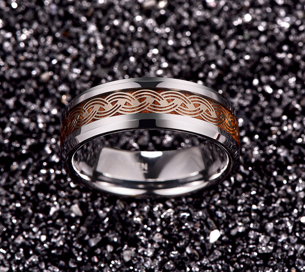 BONLAVIE 8mm Mens Tungsten Carbide Ring with Golden Corrugated Pattern ...