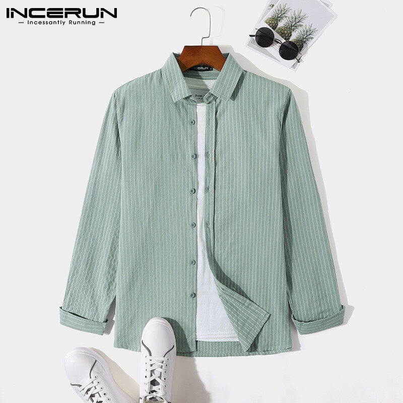 [Clearance Sale] INCERUN Mens Striped Cotton Casual Dress Long Sleeve ...