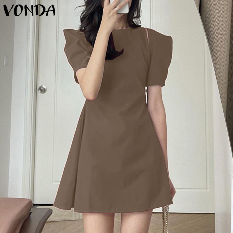 VONDA Women Short Sleeve Holiday Tunic Dress Summer Pleated Party Mini ...