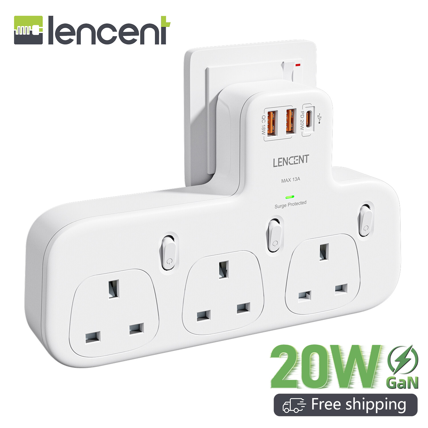 LENCENT Surge Protected 3 Way Plug Extension with PD 20W USB-C & 2 USB ...