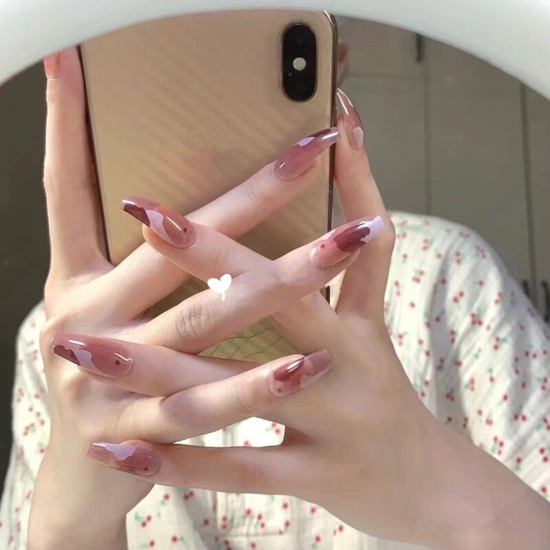 We Flower Ins Trendy Coffee Dairy Artificial Nail for Women Chic False Fake Nails DIY Manicure ...