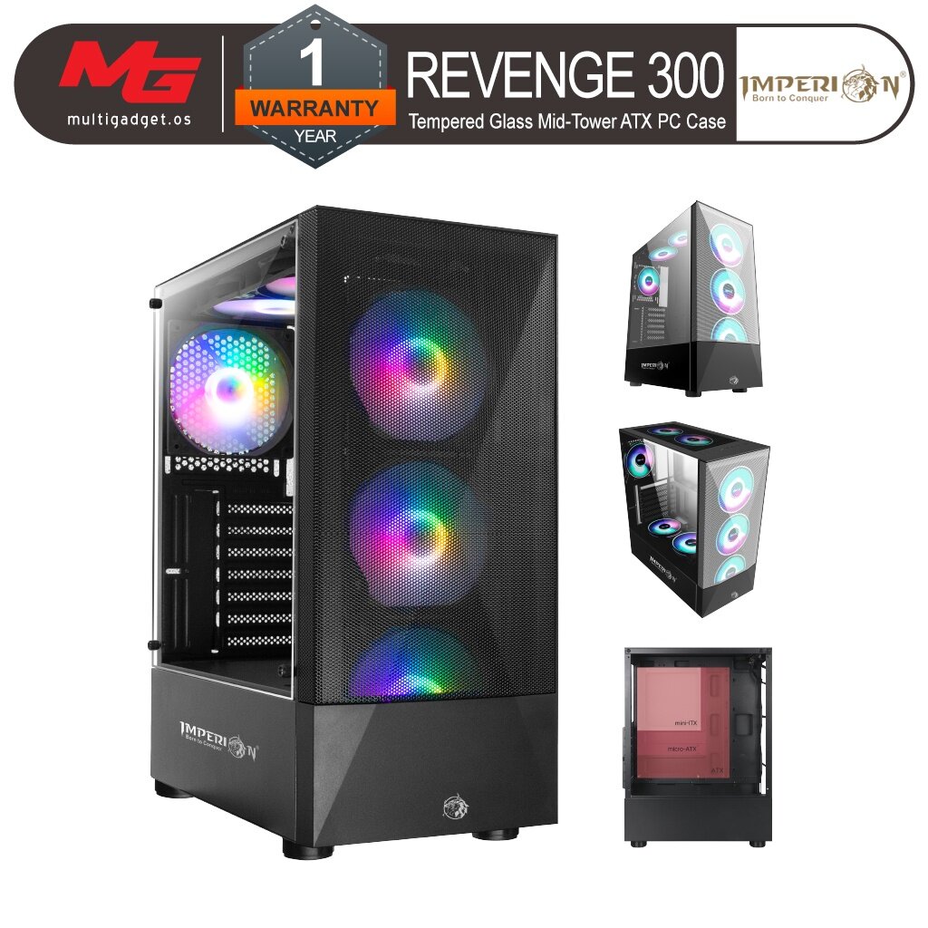 Imperion REVENGE 300 Mid-Tower Tempered Glass ATX pc case with 4 RGB ...