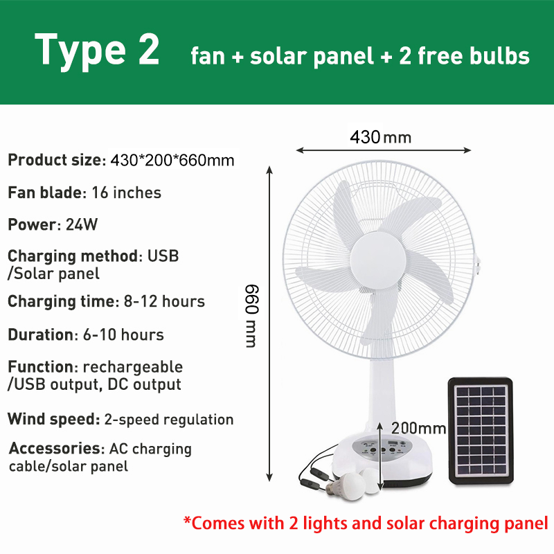 Solar Fan 16 Inch Rechargeable 2 Led Lights 220v Ac Desktop Electric ...