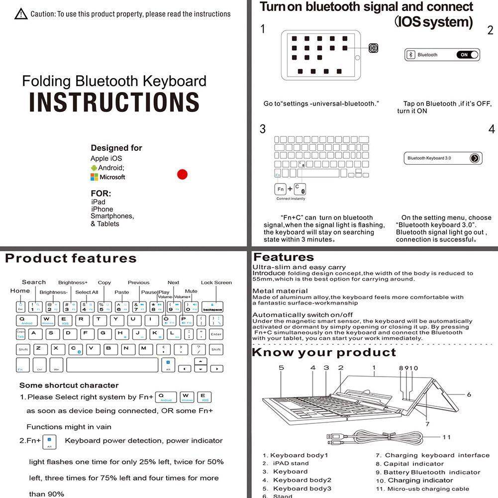Portable Triple Folding Wireless Bluetooth Keyboard for iPhone iPad ...