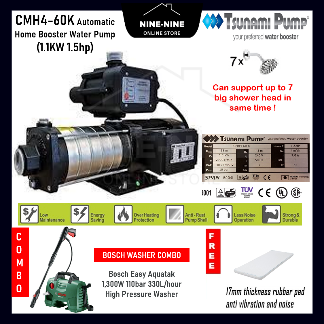 TSUNAMI CMH4-60K 1.5HP Horizontal Multi Stage Automatic Water Booster ...