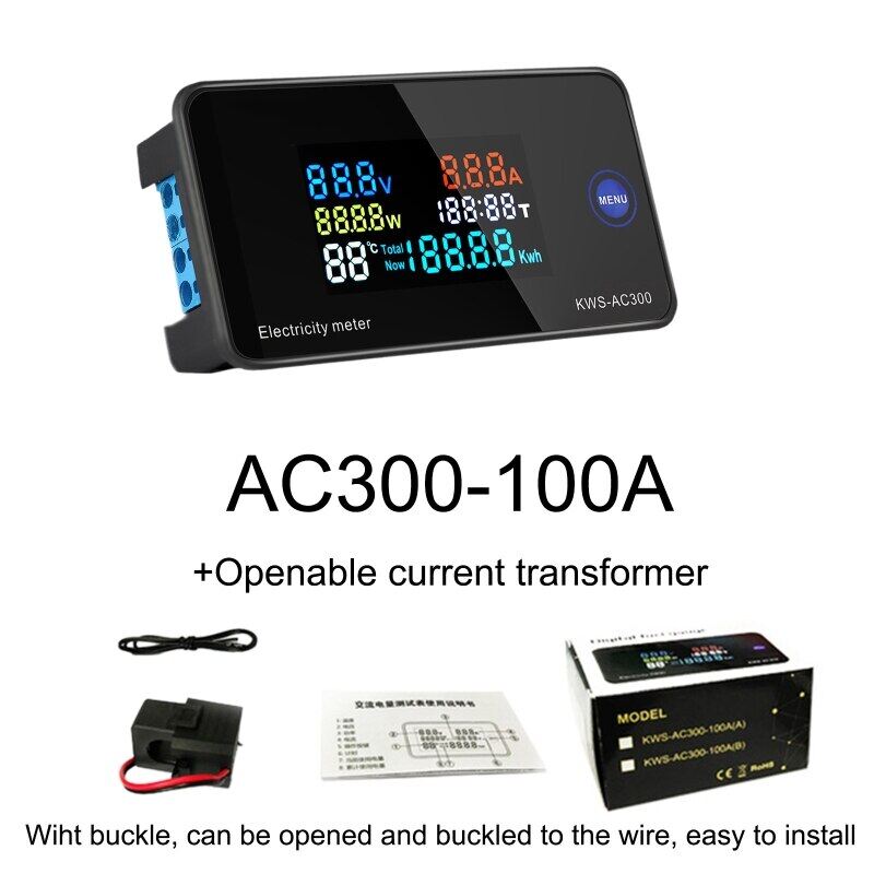 AC 50-300V 0-100A Power Energy Meter Voltmeter Ammeter kWh Digital AC ...