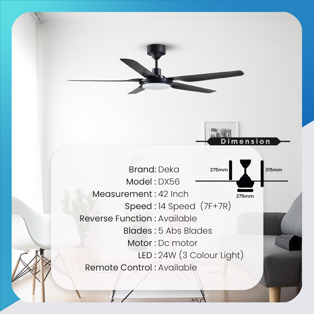 DEKA Ceiling Fan DX56 With LED Remote Control 5 ABS Blades 56" 42" DC ...