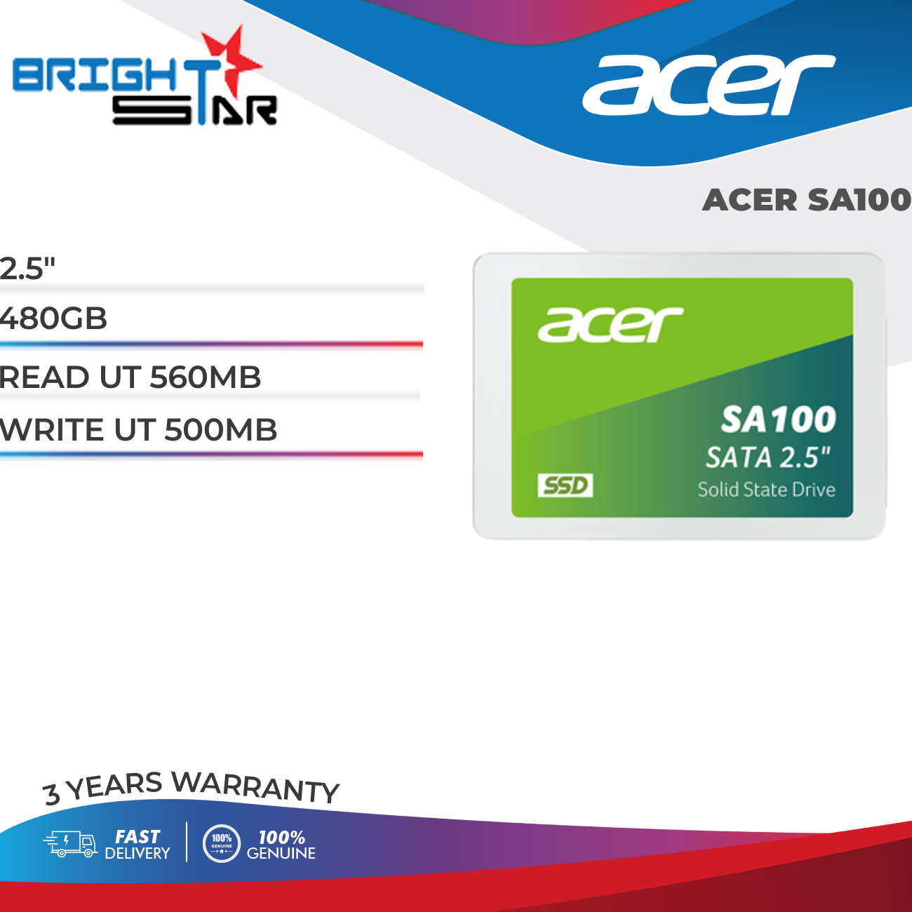 ACER SA100 2.5" 480GB/960GB SATA lll SSD - Read Up To 560MB/Write Up To ...