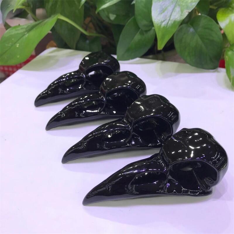 Natural Hand-Carved Black Obsidian Raven Skull Mineral Crystal Bird ...