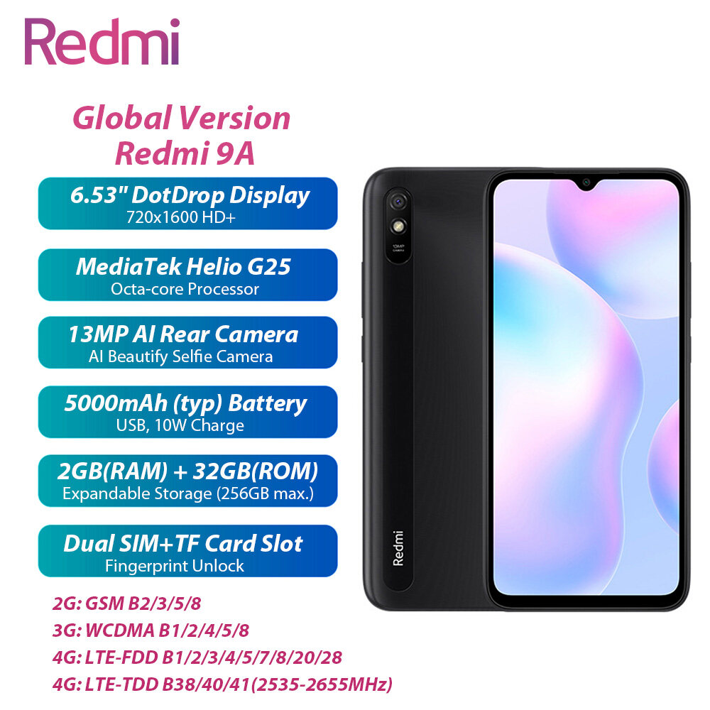 Global Version Redmi 9A 4G โทรศัพท์มือถือ6.53นิ้ว HD + DotDisplay/2 + 32GB/MediaTek Helio Octa ...