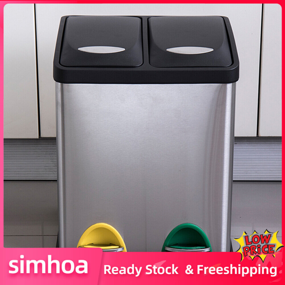 simhoa Dual Compartments Trash Can with Lid Rubbish Bin Home Office ...