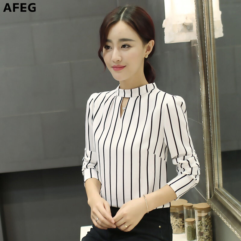 Afeg ผู้หญิงเกาหลีใหม่ชีฟองแขนยาวลายแฟชั่นสบายๆอารมณ์ป่าเสื้อหรูหรา ...