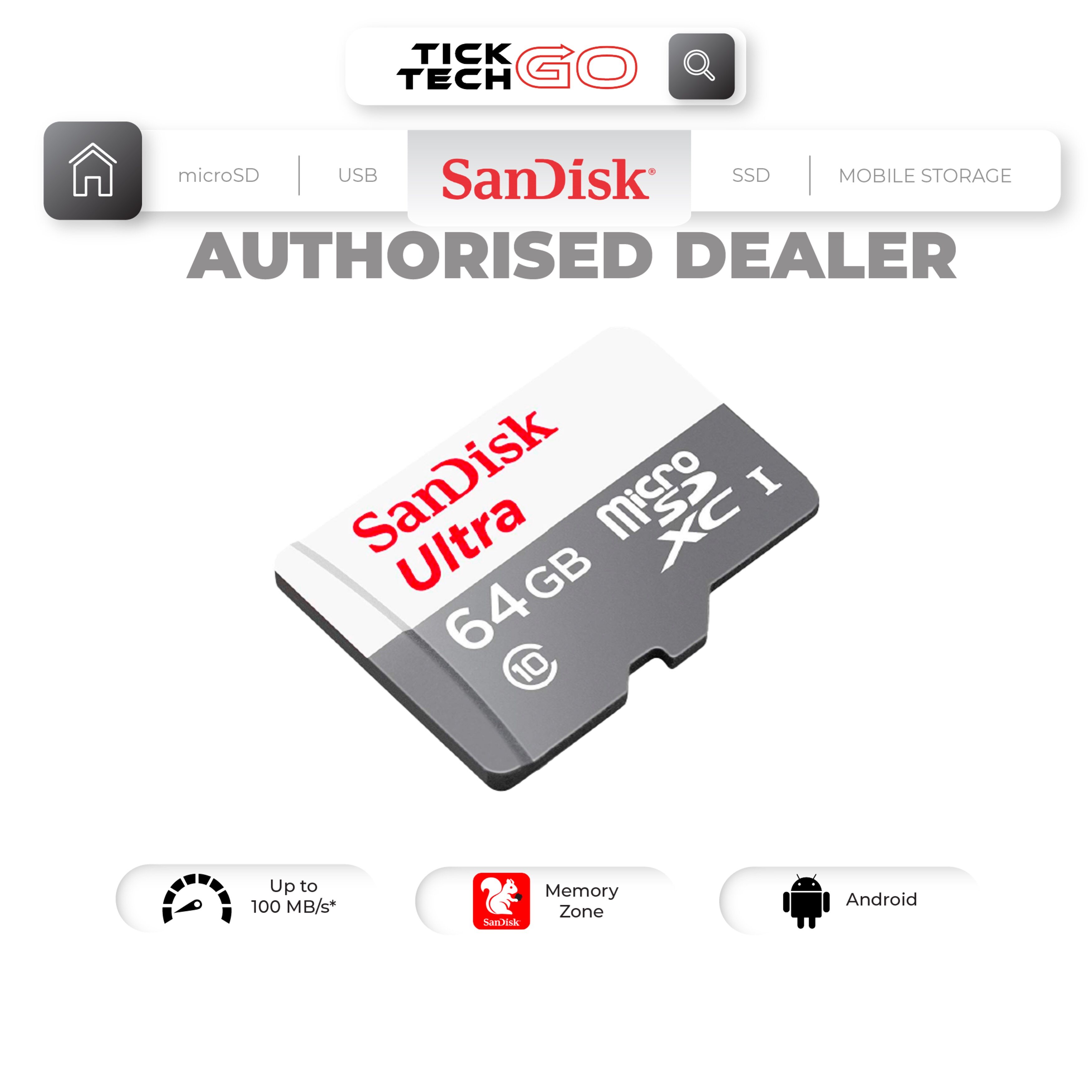 SanDisk Ultra microSDHC/SDXC (16GB/32GB/64GB/128GB) C10 80MB/s - 100MB ...