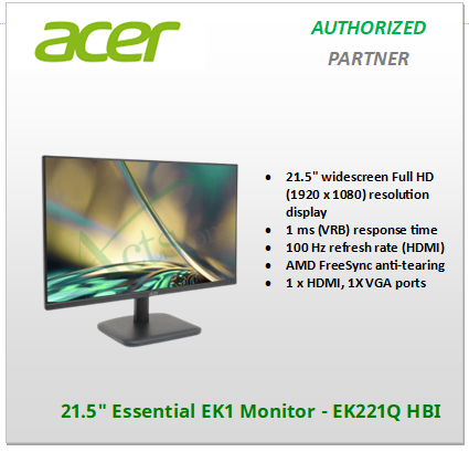Acer 21.5" Essential EK1 Monitor - EK221Q HBI - Full HD (1920 x 1080 ...