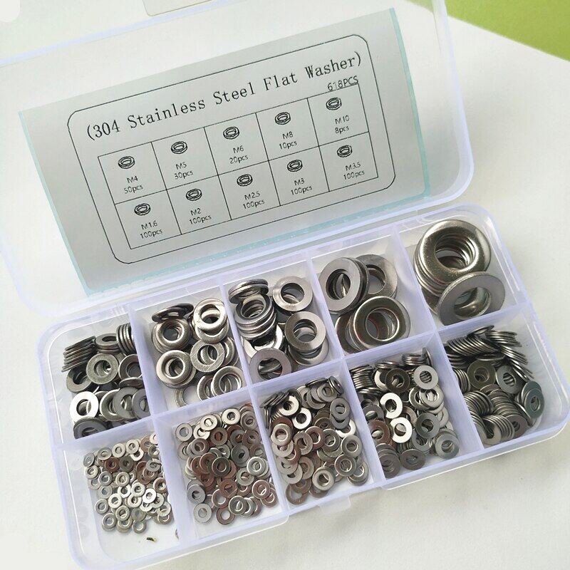 618Pcs 304สแตนเลสสตีลแบนชุดเครื่องซักผ้า M1.6 M2 M2.5 M3 M3.5 M4 M5 M6 M8 M10แบนเครื่องซักผ้าแบบ ...