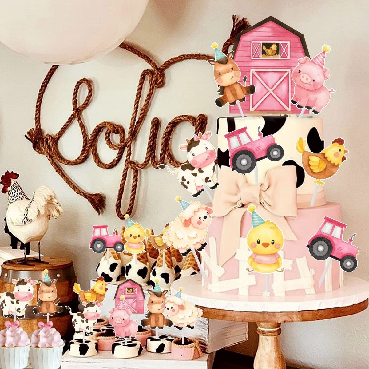 【koko party supplies】 Pink Farm Animals Birthday Cake Decorations Farm ...