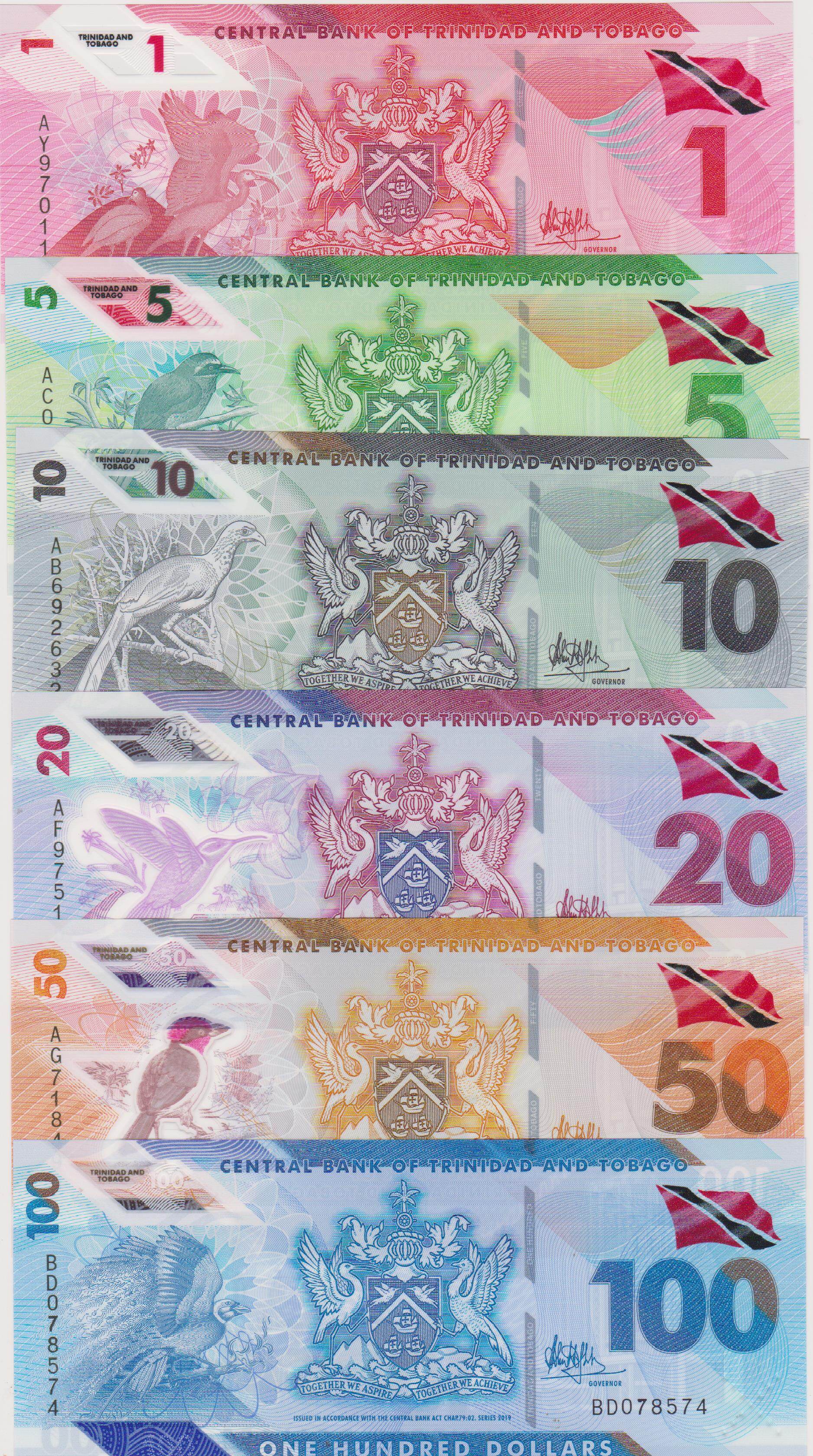 特立尼达和多巴哥 Trinidad & Tobago banknotes SET 6 PCS, 1 5 10 20 50 100 ...