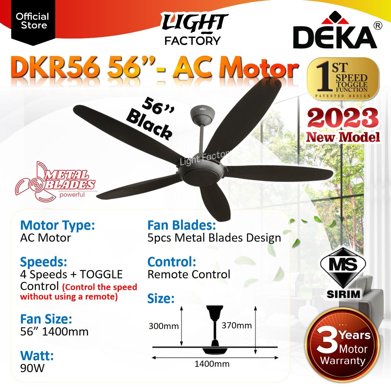 🔥SIRIM🔥 NEW MODEL DEKA DKR42 42" DKR56 56" 5 Blades AC Ceiling Fan 4 ...