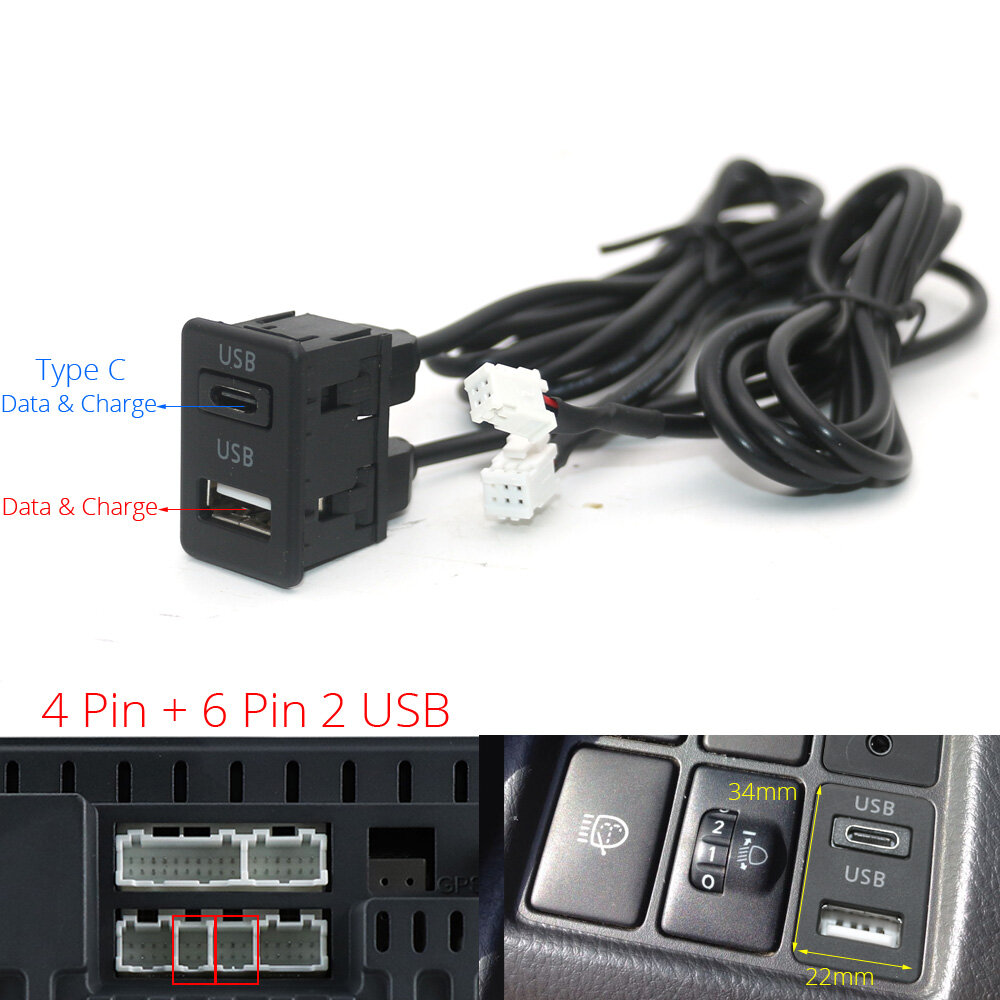 Car Dash Flush Mount 4 6 Pin Dual USB Port Panel AUX Extension Cable ...