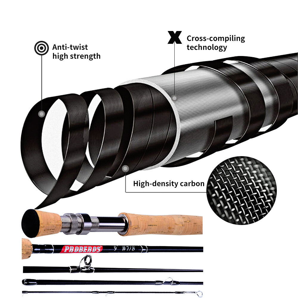 PROBEROS 9FT 2.7M Fly เบ็ดตกปลา4ส่วน Line Wt 3/4 5/6 7/8 Soft Cork ...