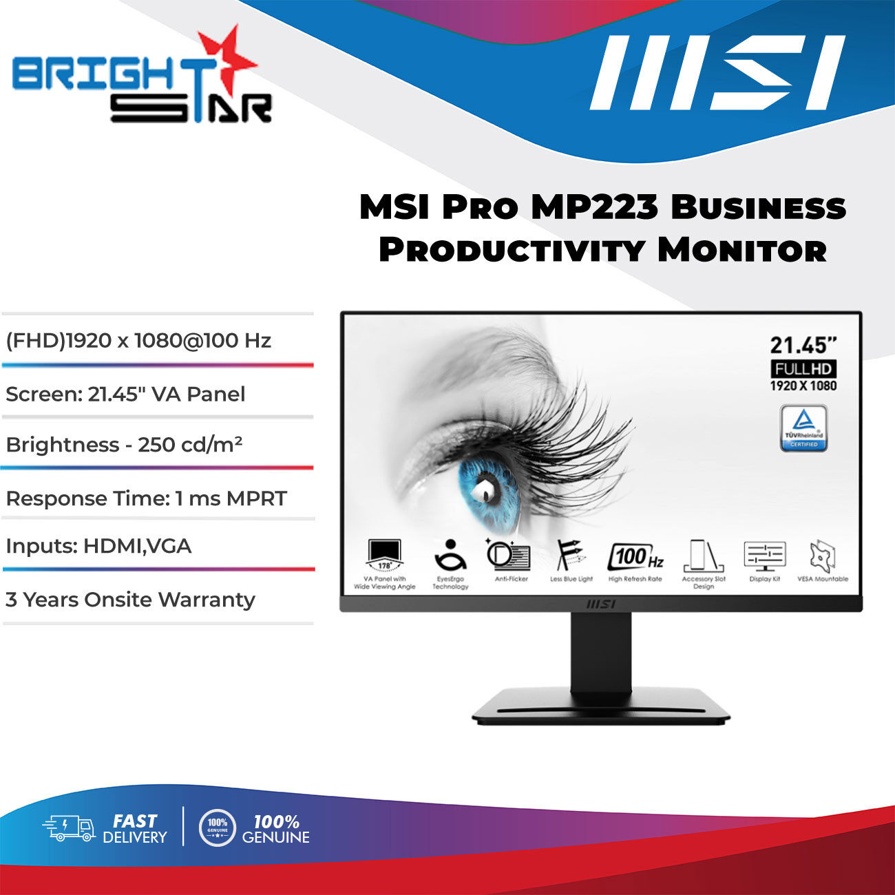 MSI PRO MP223 21.45” Business Productivity Monitor - VA Panel/Full HD ...