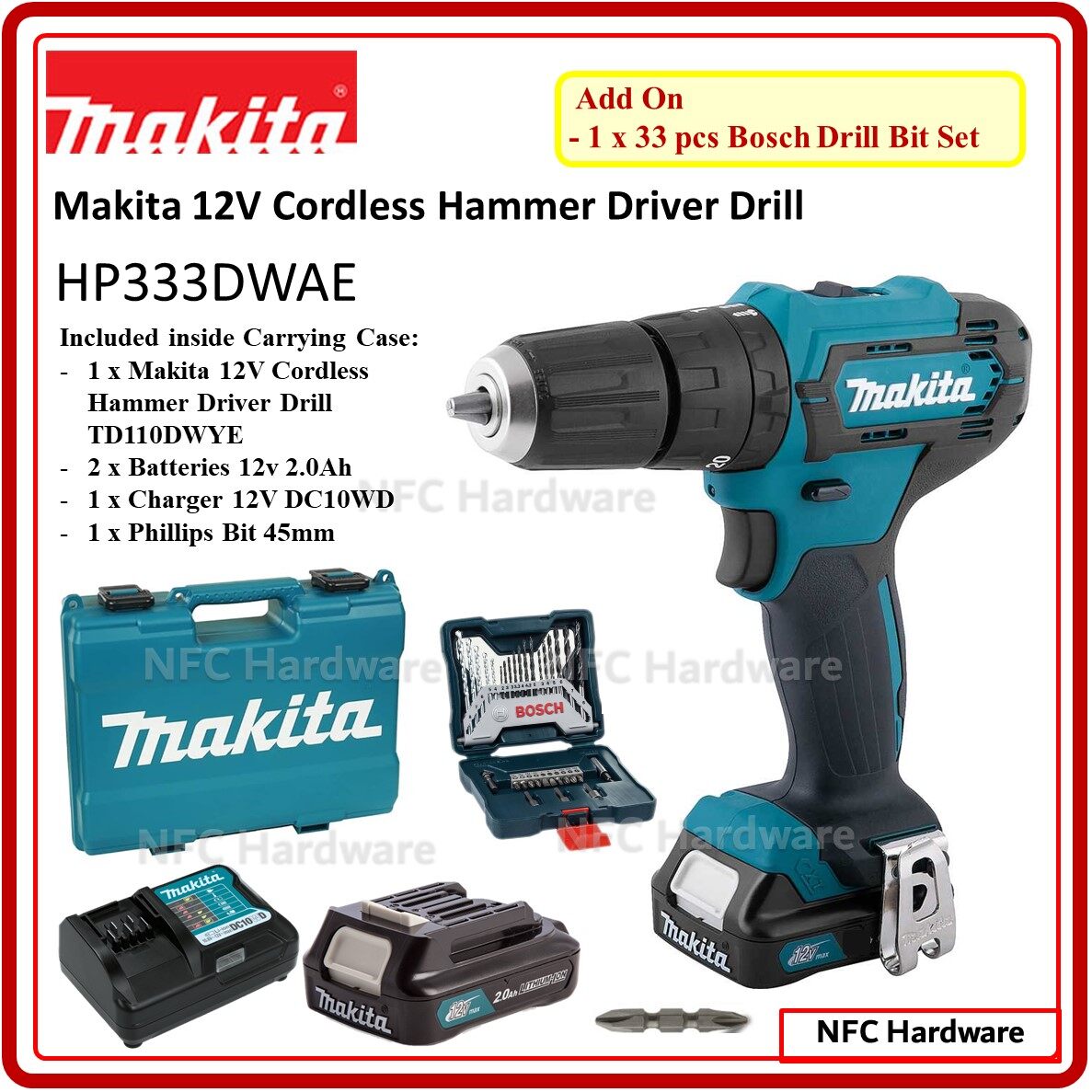 MAKITA HP333DWAE 12V Cordless Hammer Driver Drill HP333D | Lazada