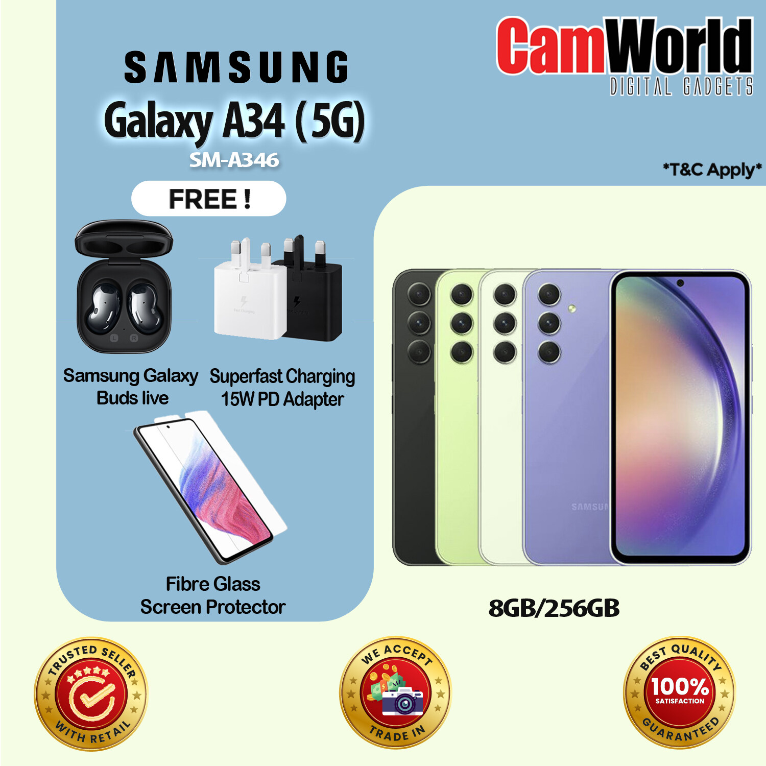 Samsung Galaxy A34 5G ( SM-A346 ) ( 8GB + 256GB ) With 15W , Buds Live & Fibre Glass | Lazada