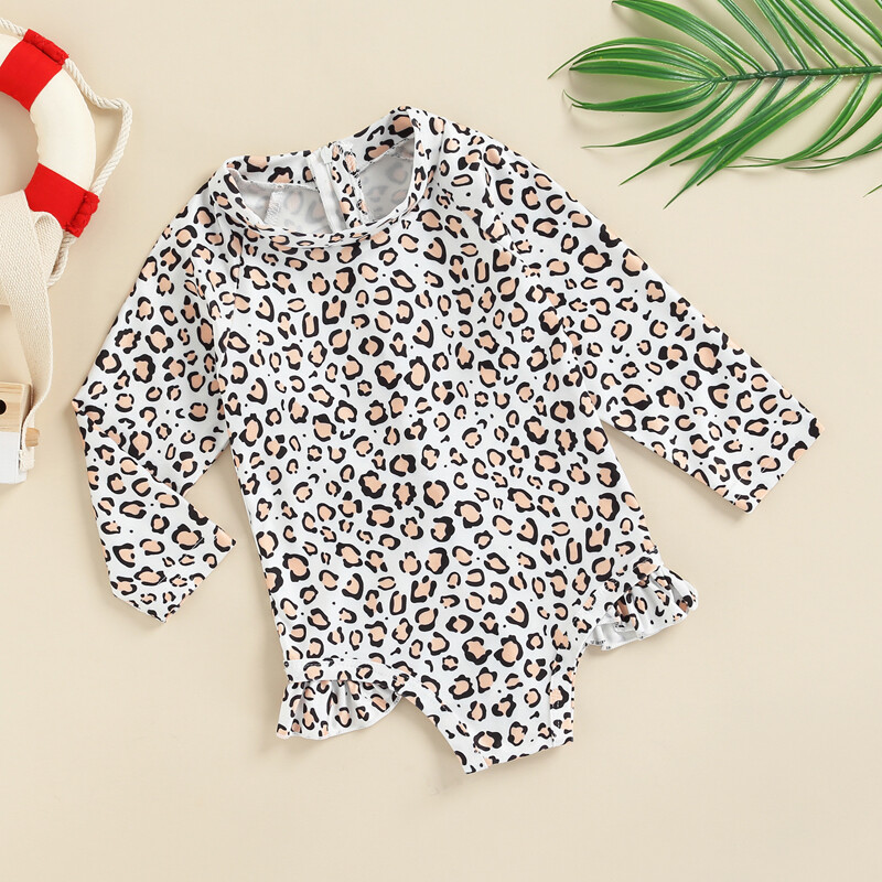 Kids Girl Swimwear Long Sleeve Turtle Neck Leopard Triangle Crotch ...